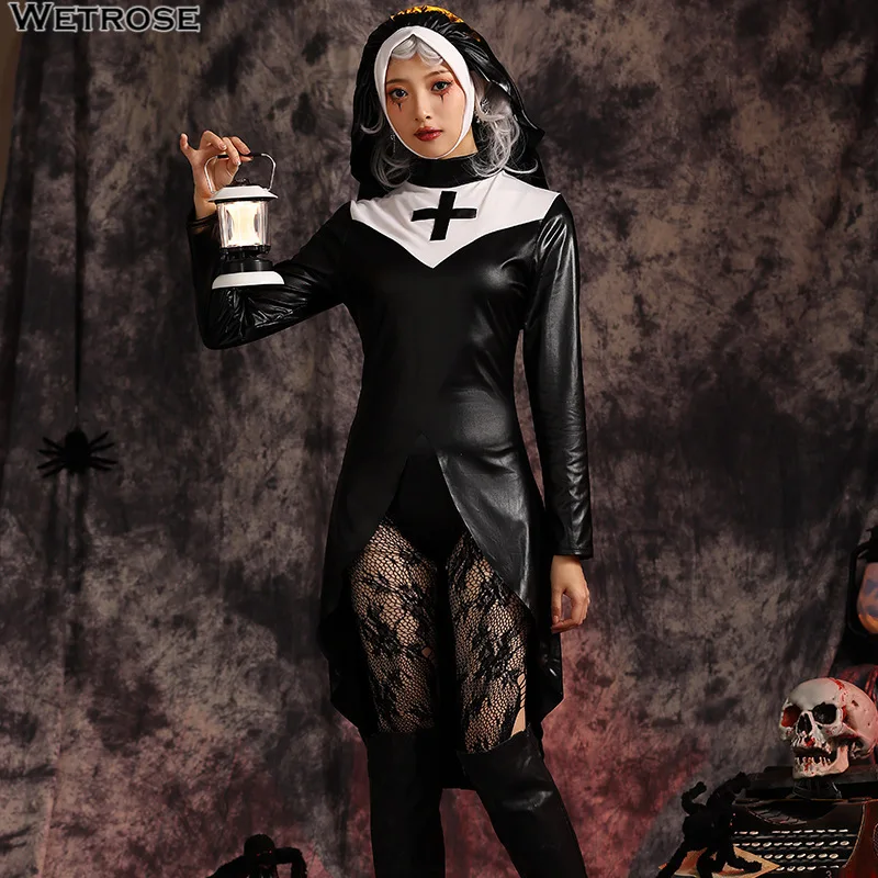 Wetrose-Halloween-Nun-Leather-Latex-Cosplay-Costume-Bodysuit-Cross-for ...