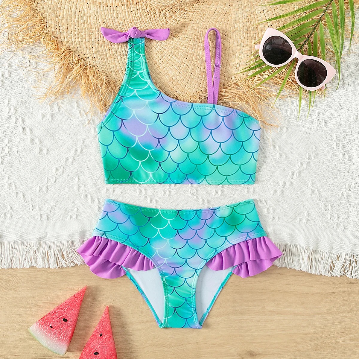 Fishscale-Ruffle-High-Stretchy-Beach-Girls-Kids-Swimwear-Swimsuit-Bow ...