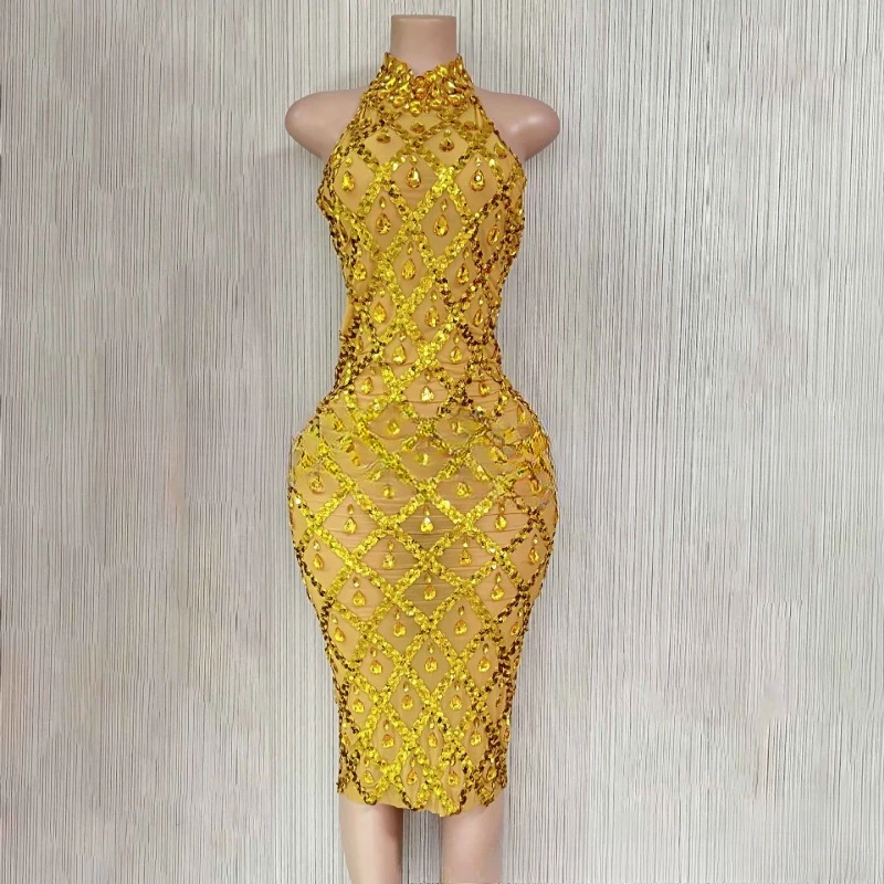 Golden Evening Dress Ladies Ladies Glam Rhinestone Birthday Nightclub ...