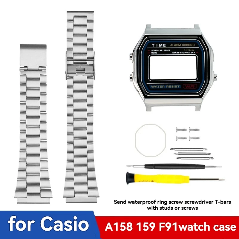 Stainless Steel Metal Bezel Case + Strap Kit for Casio F91W/A158/A159 ...