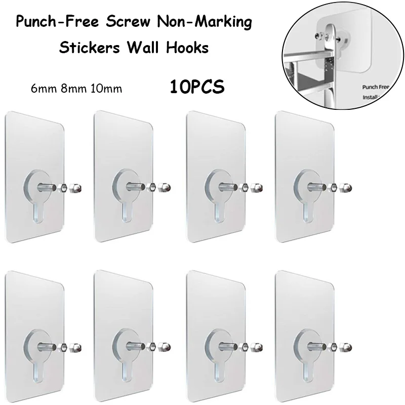 10pcs/Lot Punch Free Screw Non Marking Stickers Wall Hooks Invisible ...