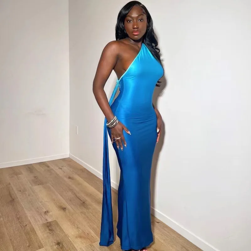 Gradient-Blue-Printing-Women-Sexy-Backless-Dress-with-Ribbon-One ...