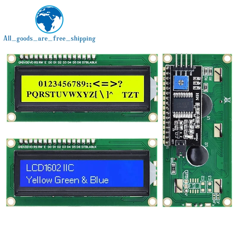 LCD1602 1602 LCD Module Blue / Yellow Green Screen 16x2 Character LCD Display PCF8574T PCF8574 ...