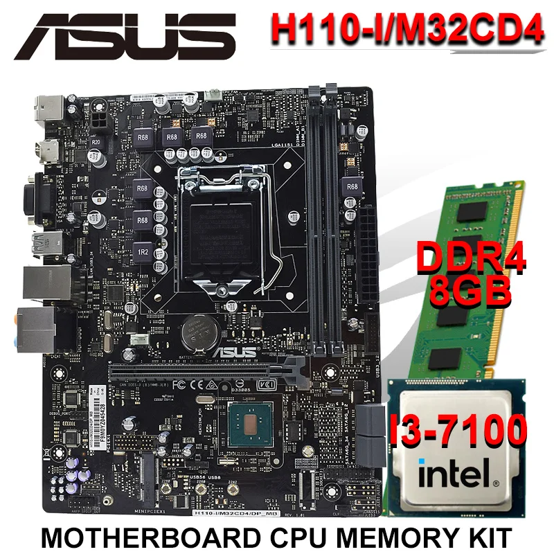 Asus placa mãe cpu memória kit contém H110 I/m32cd4 intel I3 7100 lga ...