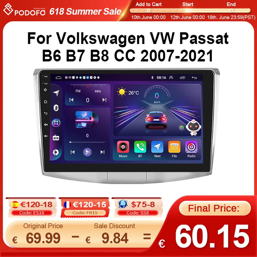 Podofo Carplay Android Auto Radio For Volkswagen Vw Passat B6 B7 B8 Cc ...