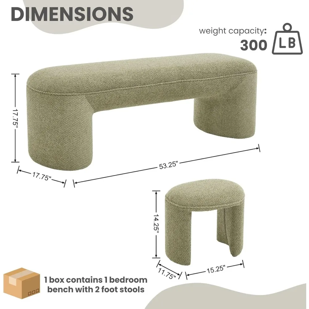 3-Piece Nesting Ottoman Bench Set，53" Long Upholstered End of Bed Bench ...