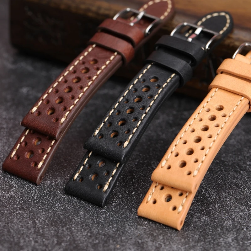 Vintage Genuine Leather Men Watch Band 18mm 19mm Breathable Porous ...