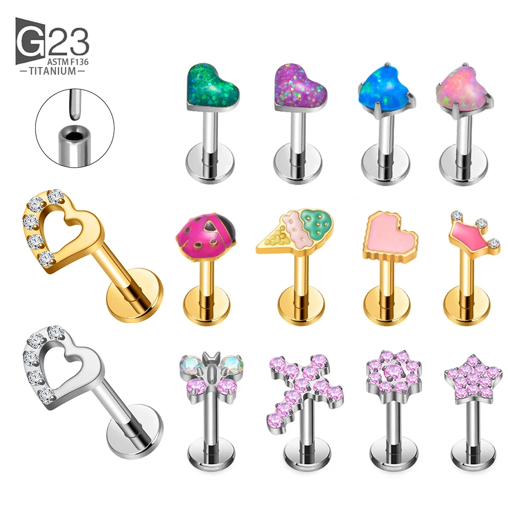 G23 Titanium Threadless Piercing16G/18G/20G Heart Shape Cat Flower Push ...