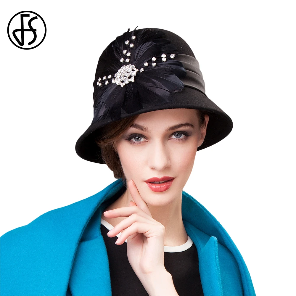 FS Vintage Black Millinery Wool Felt Hats For Women With Rhinestone ...