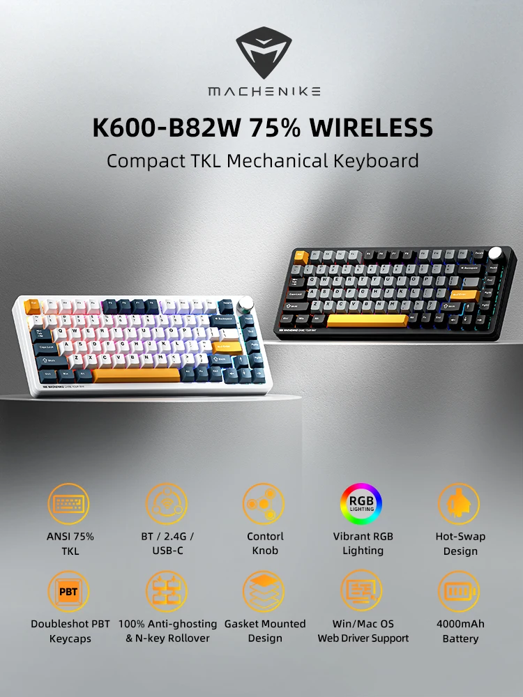 Machenike-Teclado de jogos mecânico, K600-B82W, Junta montada, 75% ...