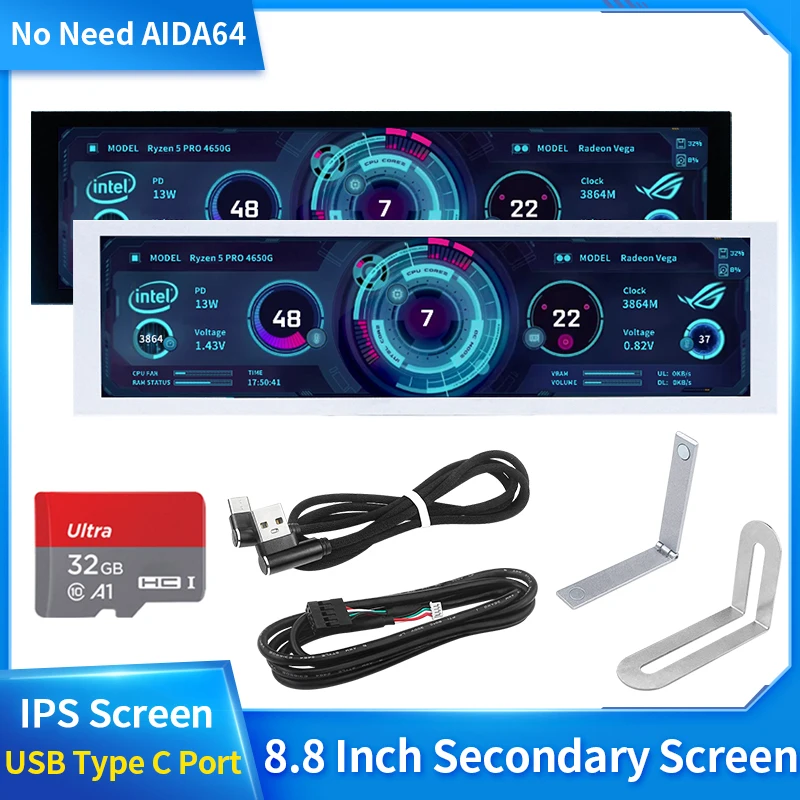 8.8 Polegada IPS Tipo C Tela Secundária USB-C Interface Computer Monitoring CPU GPU RAM Dislpay ...