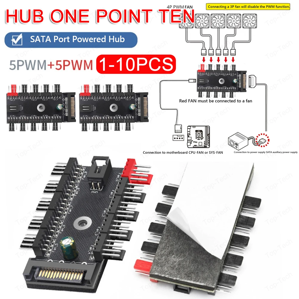 4-Pin PWM Fan Power Supply Cable 1 To 10 Way Splitter Hub SATA Powered ...