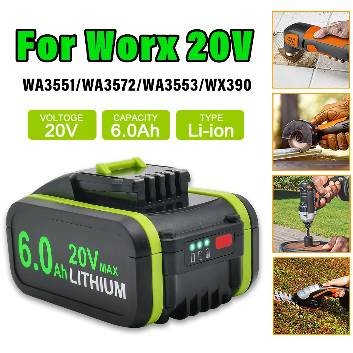 Powtree WA3553/WA3551 for Worx 20V battery replacement Li-Ion cordless ...