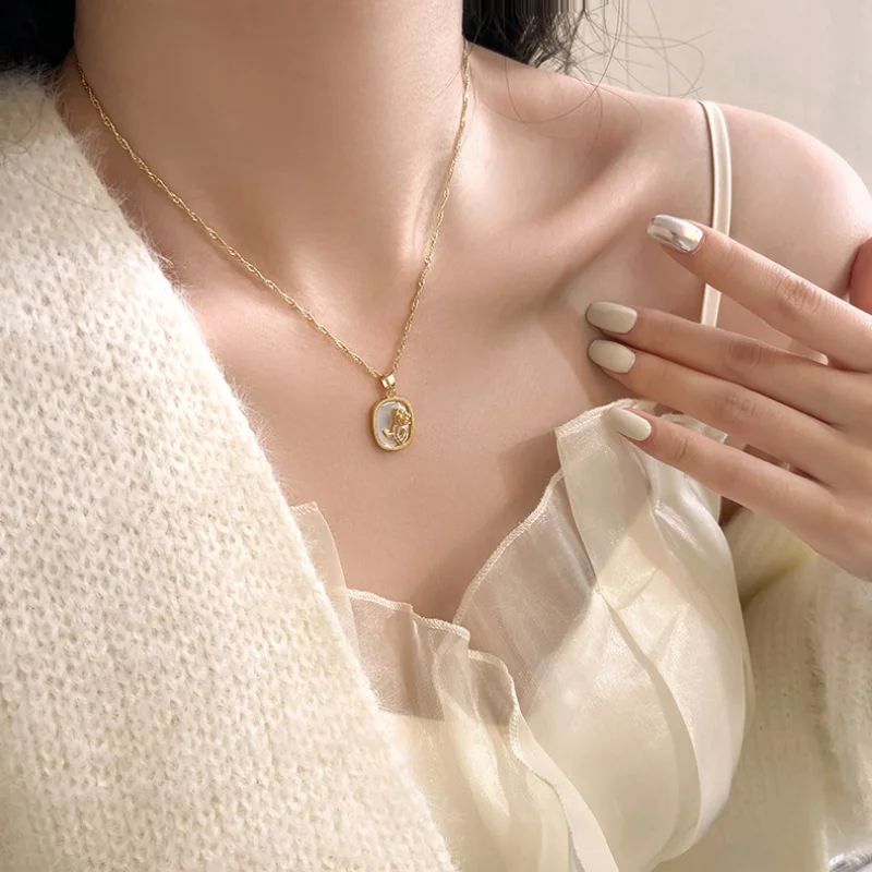 U Magical Exquisite Geometrical Shell Rose Flower Pendant Necklace for ...