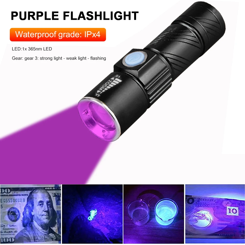 3W 365nm UV Flashlight USB Rechargeable Ultraviolet Torch Pets Urine ...
