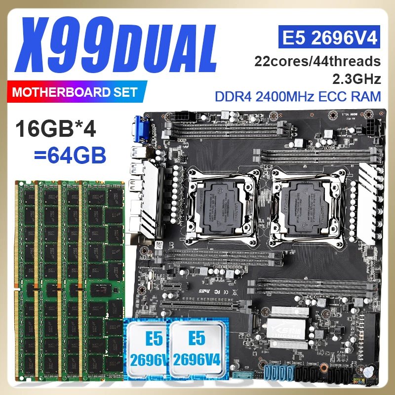 Jingsha x99 duplo ddr4 placa mãe conjunto com xeon e5 2696 v4 lga 2011 3 cpu 4 pces x 16gb ...