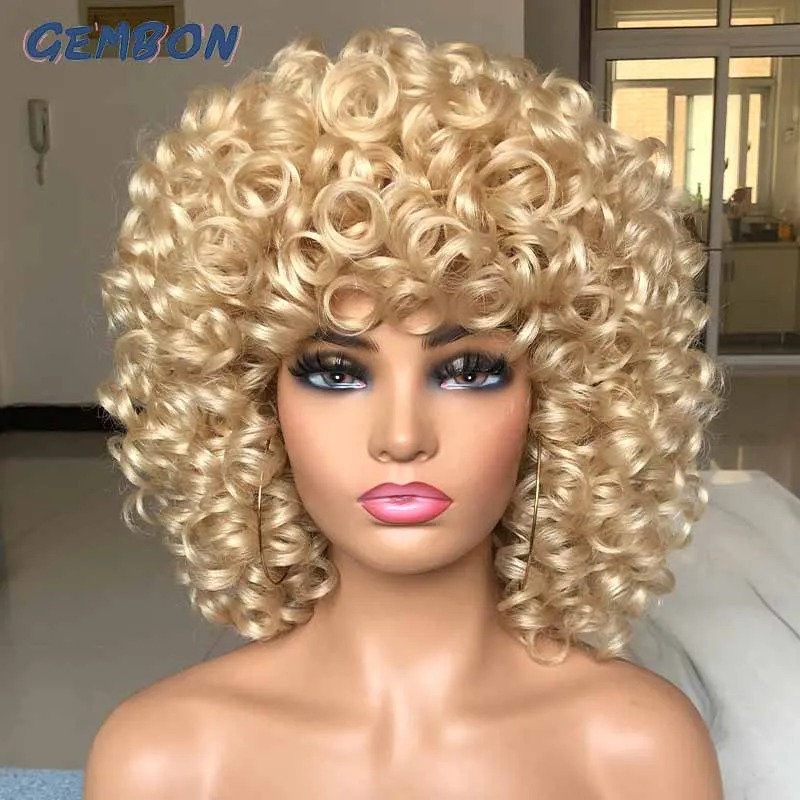 Kısa saç Afro kıvırcık peruk doğal sarışın peruk patlamaları Cosplay ...