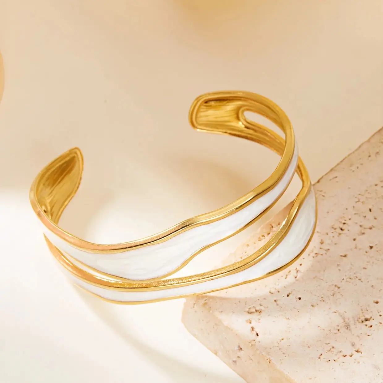 Vintage White Enamel Stainless Steel Open Bracelet for Women Simple ...