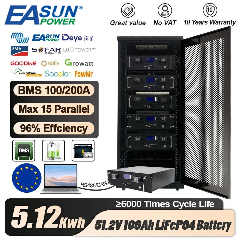 LiFePO4 48V 100Ah Battery Pack 51.2V 5KWH 6000+ Cycle Max 15 Parallel ...