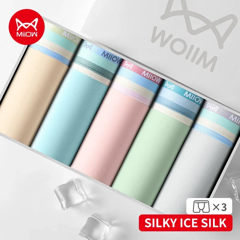 MiiOW 3Pcs Ice Silk Men Underwear Boxer Silky Lightness Seamless Mens ...