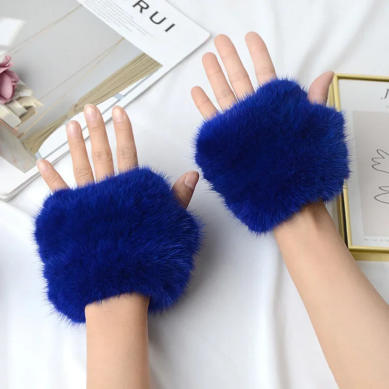 Ms.MinShu Wrist Guarde Fingerless Gloves Mitts Elastic Genuine Mink Fur ...
