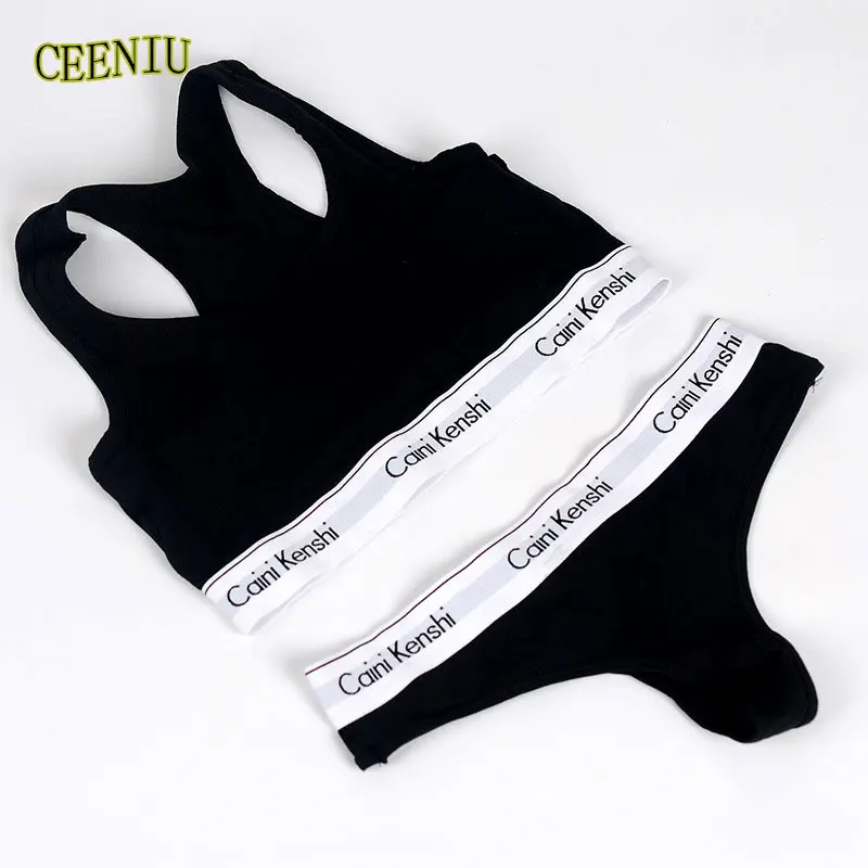 Ceeniu 섹시한 코튼 여성용 레터 스포츠 브라 끈 팬티 세트 부드러운 매력적인 여성 란제리 세트 편안한 레이디 브라