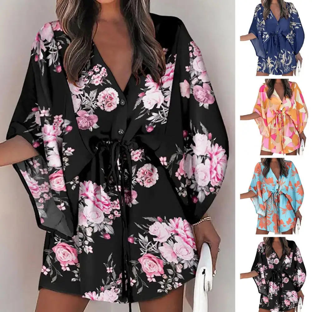 Summer-V-Neck-Flying-Half-Sleeve-Women-Mini-Dress-Floral-Printing-Waist ...