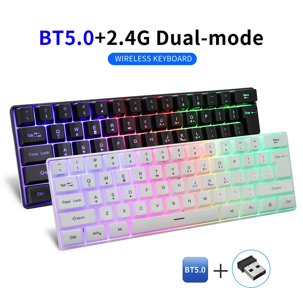 Mini portátil 60% teclado sem fio bluetooth 2.4g duplo modo rgb ...