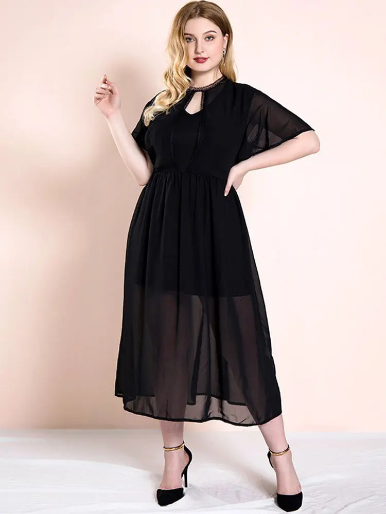 Monochromatic-Hollow-Out-Long-Dresses-for-Women-Polyester-Plus-Size ...