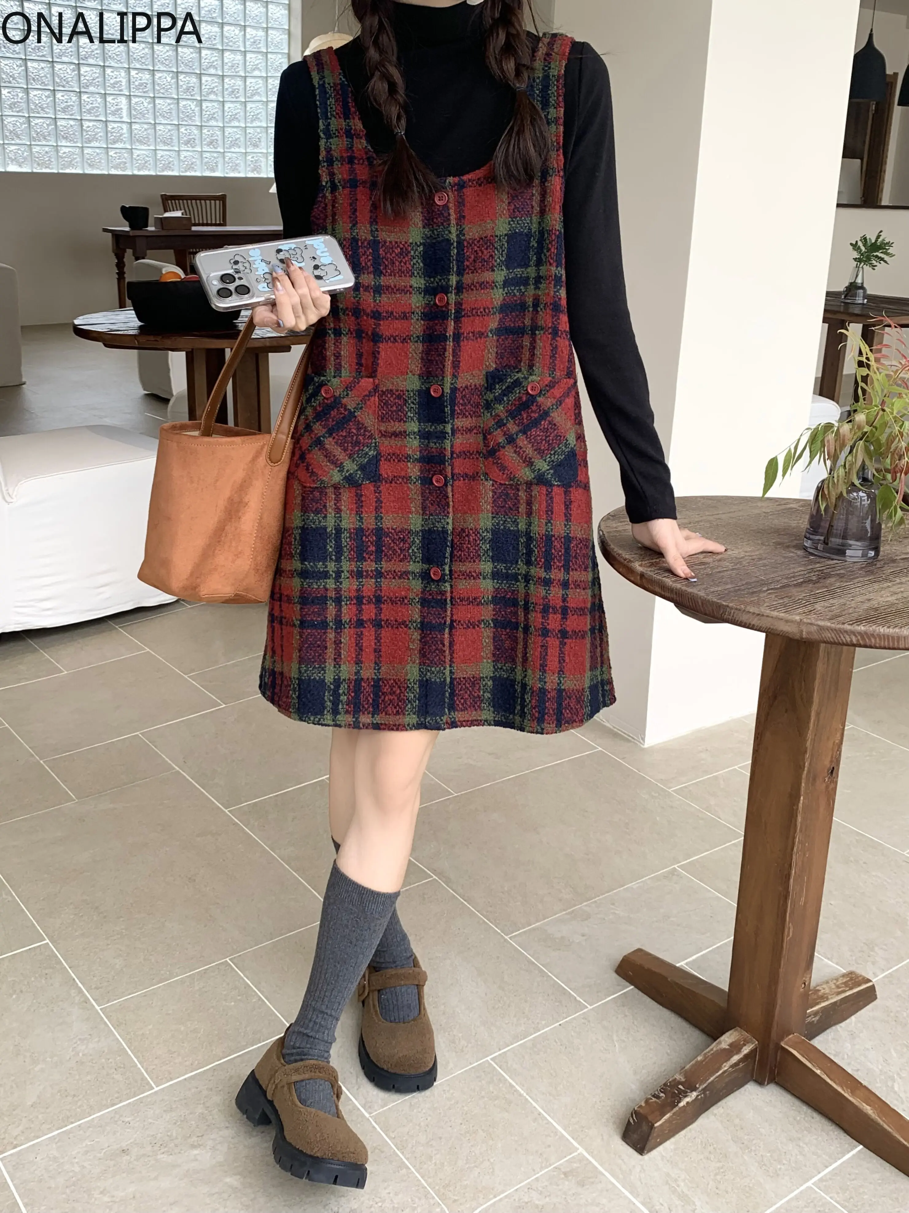 Onalippa-Contrast-Plaid-Wool-Mini-Dress-All-Match-Sleeveless-High-Waist ...