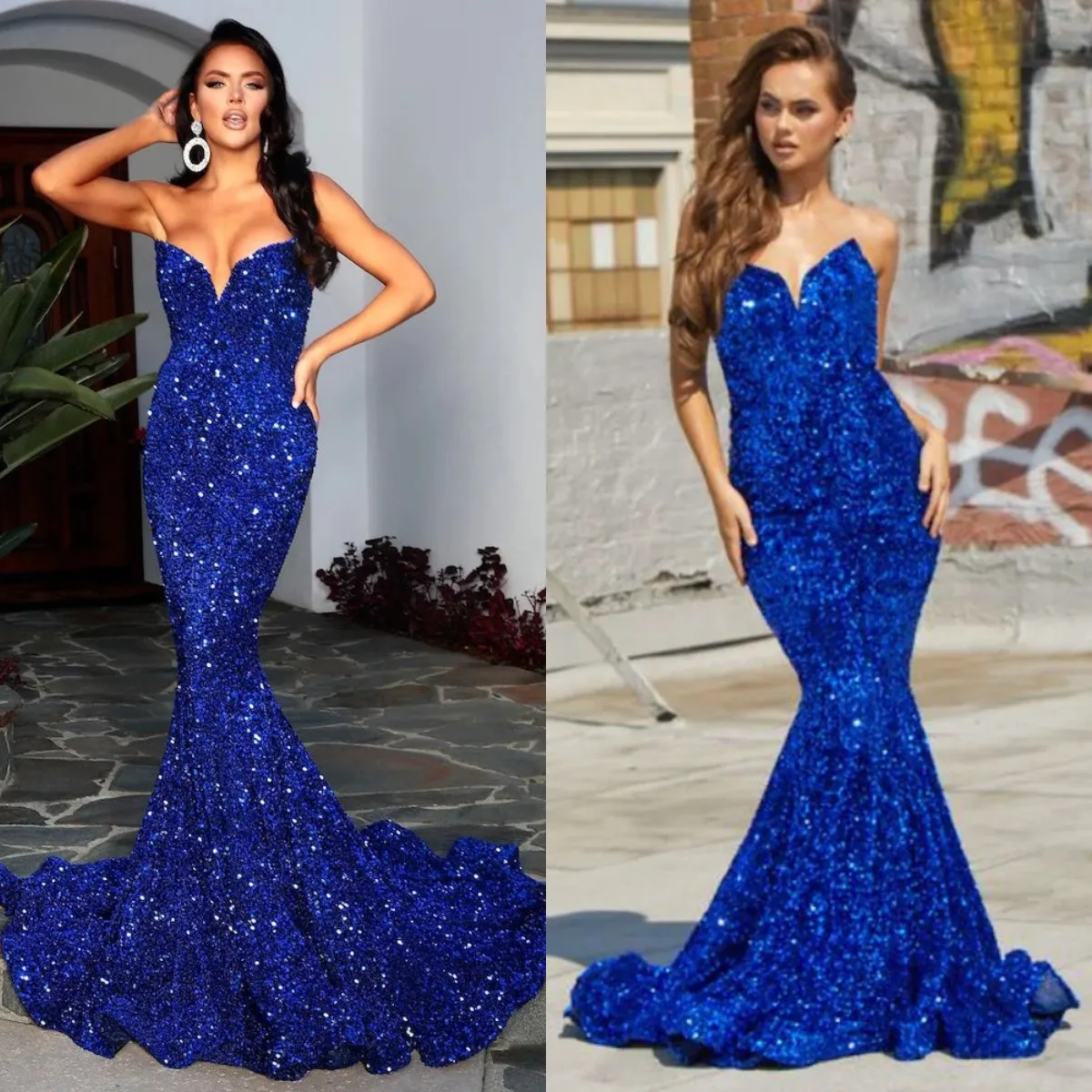 Blue Sequins Evening Dresses For Women 2022 Mermaid Prom Gowns Sweetheart Sexy Cocktail Dress ...