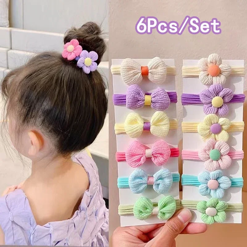 6-Pcs-Cute-Girls-Nylon-Flower-Hair-Ties-Candy-Elastic-Bow-Hair-Bands ...