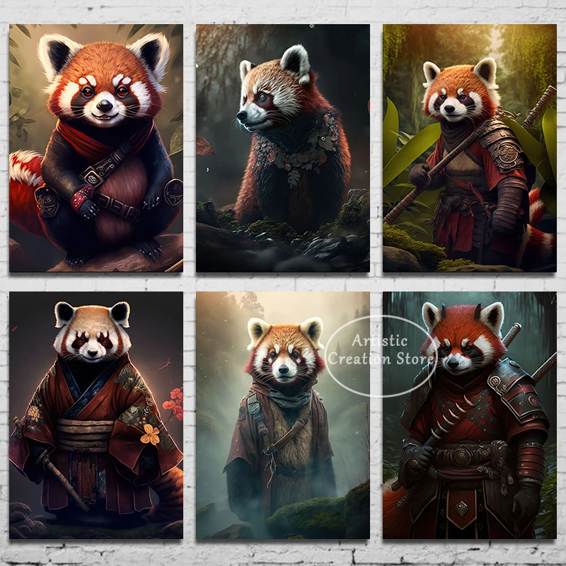 Japanese-Kimono-Samurai-Red-Panda-Poster-Wall-Art-Canvas-Painting ...