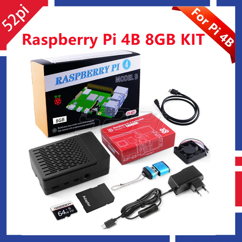 52Pi Raspberry Pi 4 Model B 8GB RAM + 64GB SD Card, Ultimate Kit Case ...