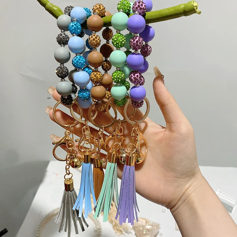 100% Handmade New Silicone Crystal Beads Key Chain For Women Girl Roud ...