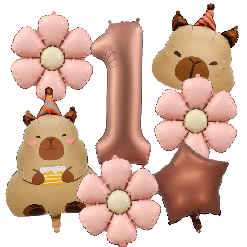 7pcs Retro Caramel Color Balloons Set Capybara Aluminum Foil Balloon ...