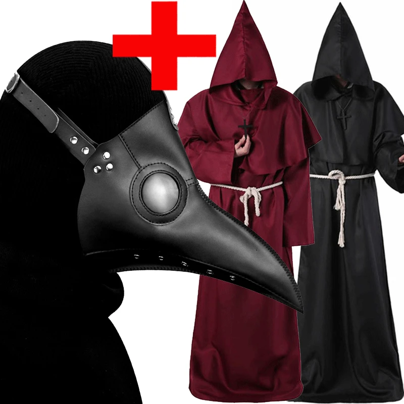 Halloween-Medieval-Hooded-Robe-Plague-Doctor-Witch-Costume-Mask-Hat-for ...