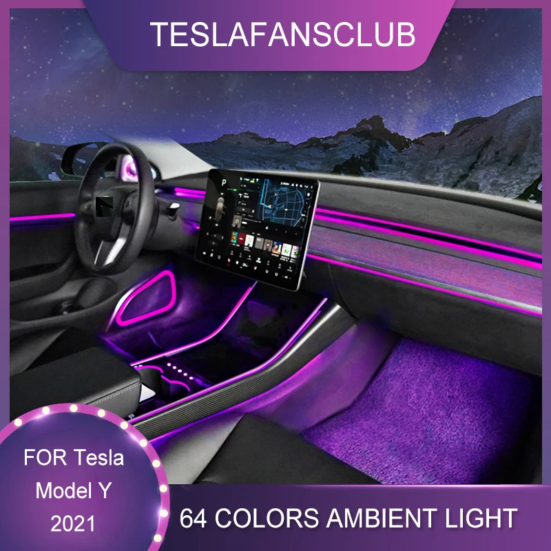 테슬라 모델 Y용 2021 터치 컨트롤 자동차 대시 보드 패널 Led 발광 스트립 주변 램프 장식 자동차 64 색