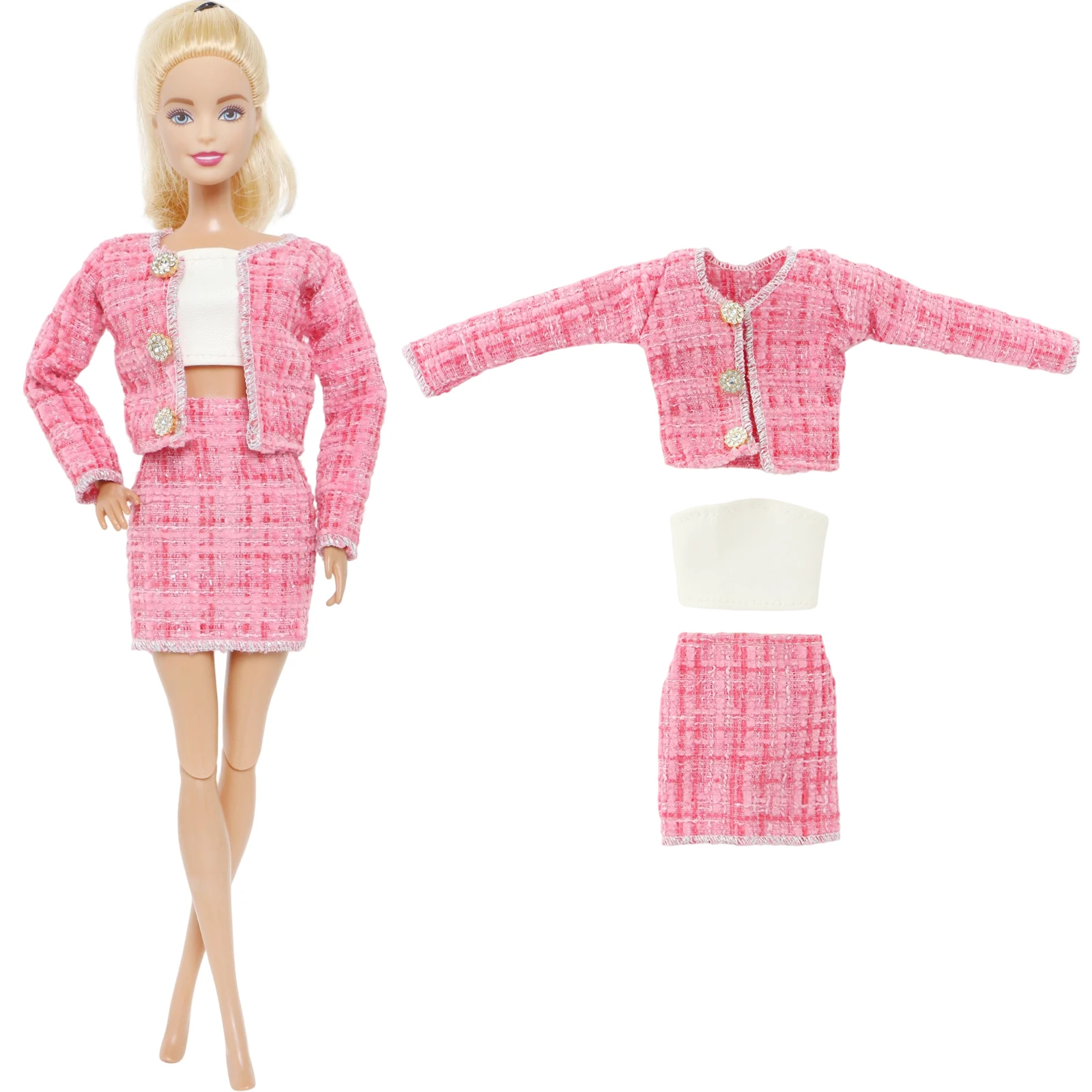 BJDBUS-Handmade-Doll-Dress-Pink-Plaid-Long-Sleeves-Suit-Mini-Skirt ...