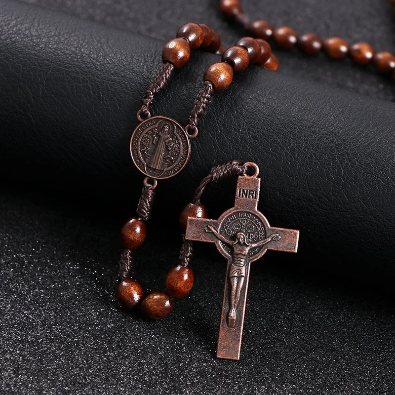 Christ Jesus Wooden Beads 8mm Rosary Bead Cross Car Pendant Woven Rope ...