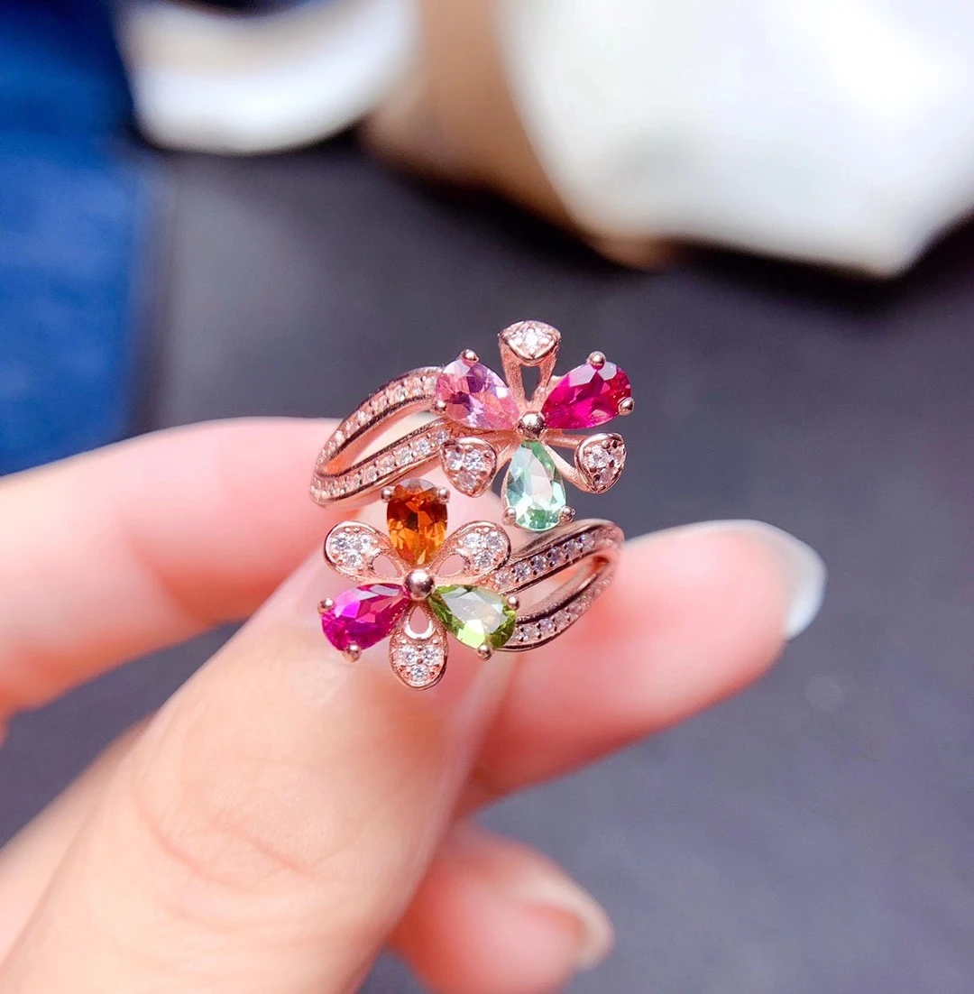 MeiBaPJ Anillo de flores coloridas de turmalina de caramelo Natural ...