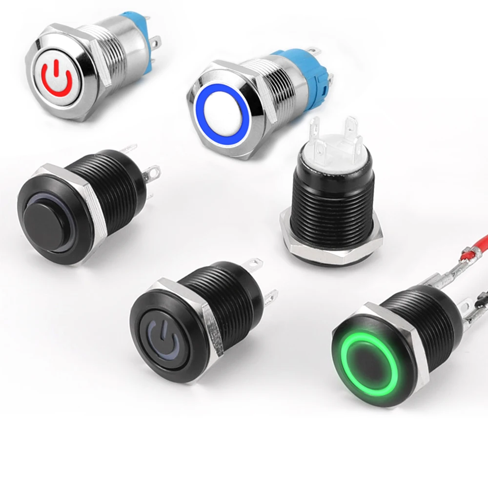 방수 Led 금속 플랫 순간 래칭 스위치 전원 마크 링 포함 블랙 푸시 버튼 스위치 4 핀 12mm 3v 6v