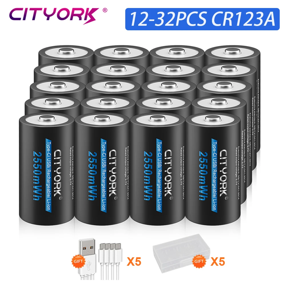 CITYORK 12-32PCS 3.7V CR123 CR123A Bateria Recarregável Tipo C USB ...