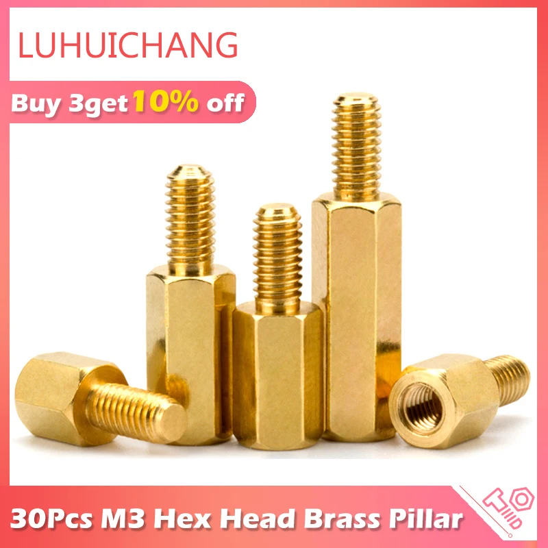 luhuichang-30Pcs-M3-L-6mm-Hex-Head-Brass-Spacer-Nut-Copper-Insert ...
