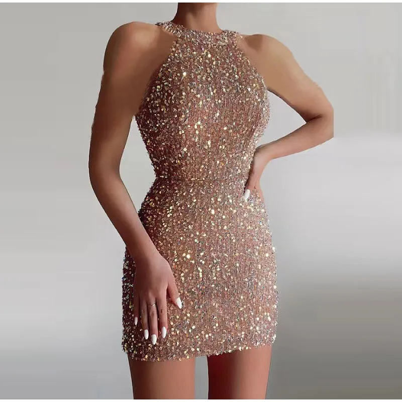 Off Shoulder Elegant Colorful Sequins Sleeveless Round Neck Party ...