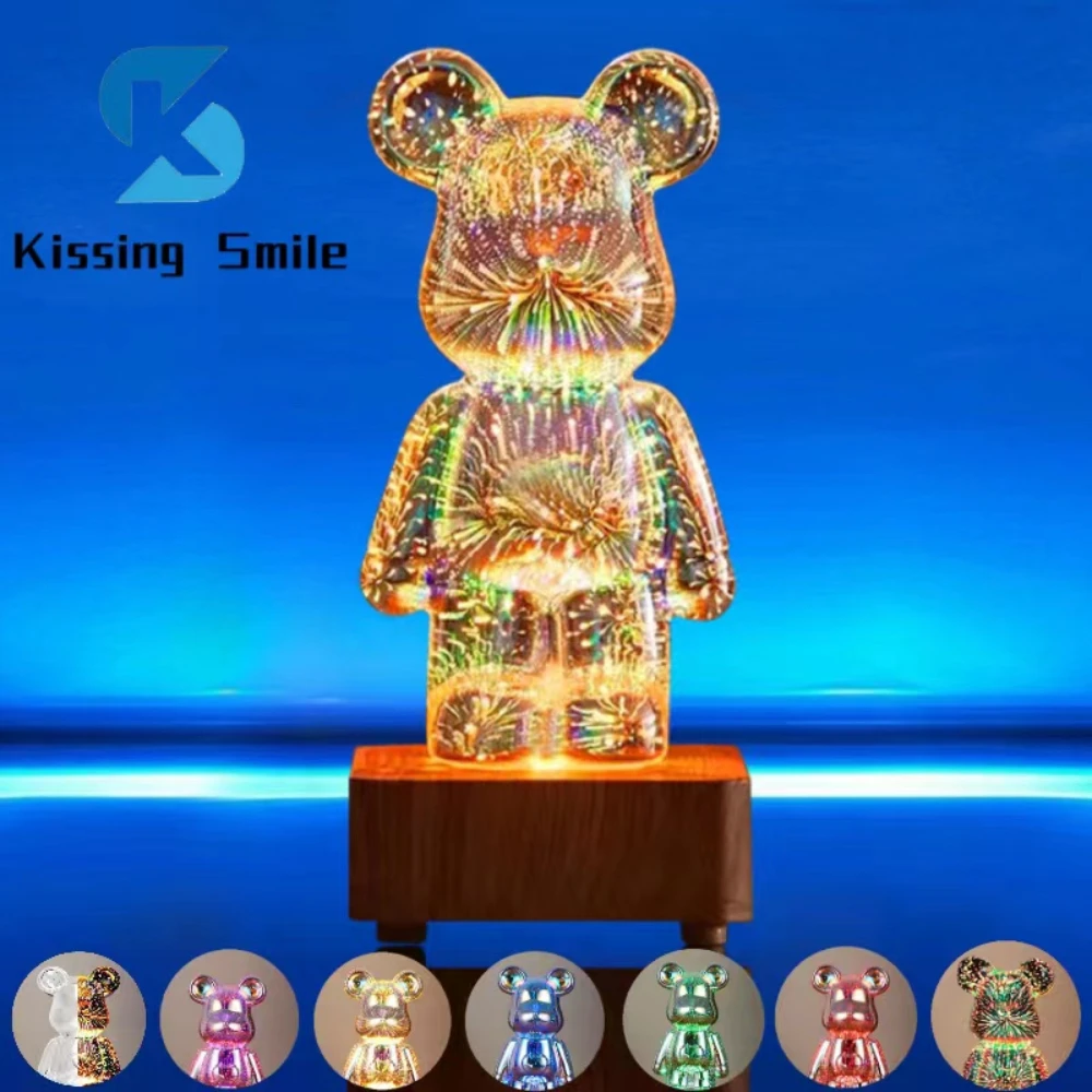 LED 3D Bear Firework Glass Lamp Cute Night Light Bedside Table Colorful ...