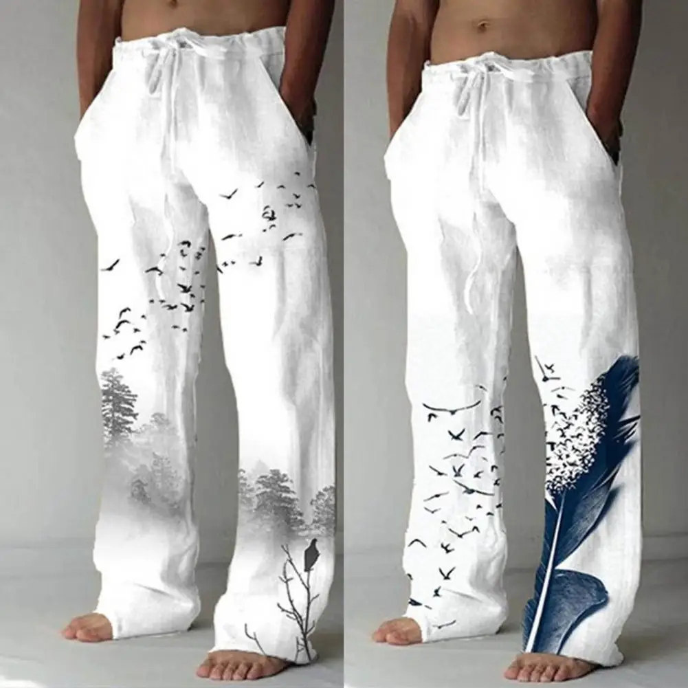 Vintage Men Beach Pants Solid Color Flying Birds Print Summer Lace-up ...