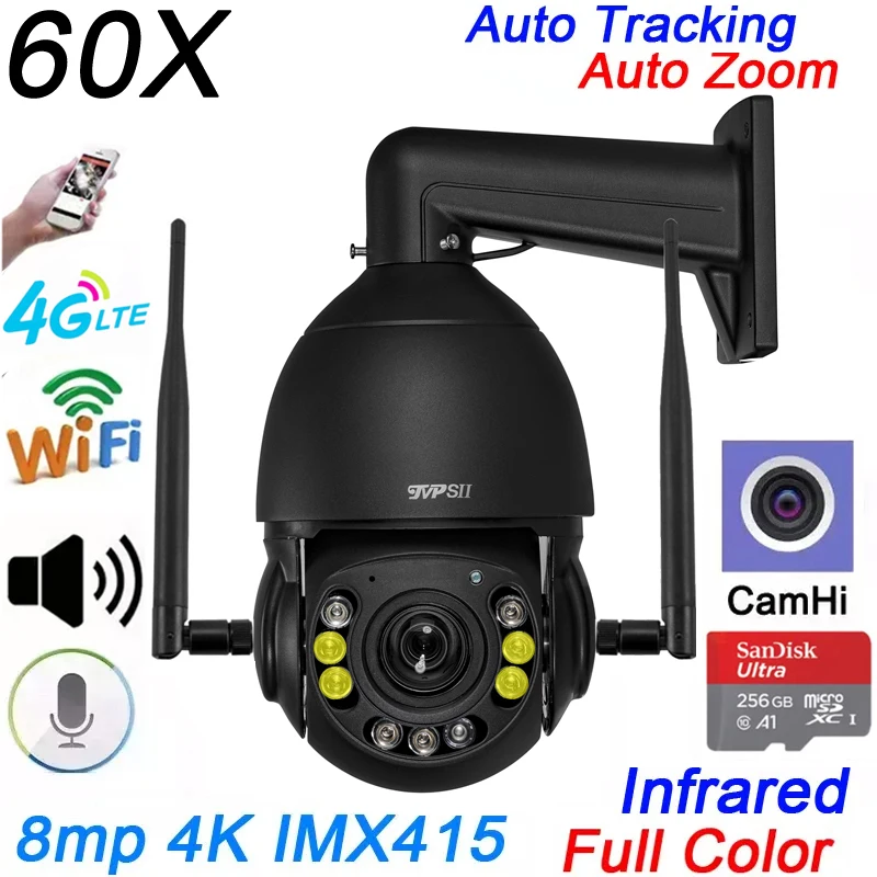 Preto Full Color Auto Tracking CamHi 8MP 4K IMX415 256G 60X Zoom Áudio ...