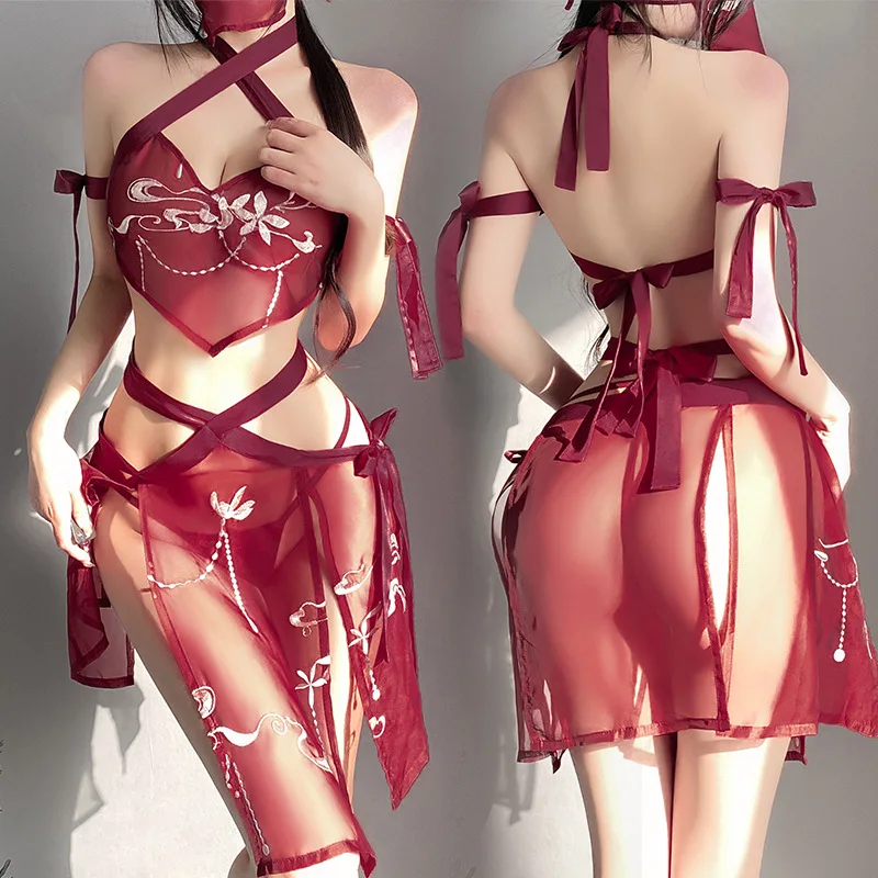 Chinese-Hanfu-Style-Red-Sexy-Lingerie-Bandage-Perspective-Chest-Wrap-Top-and-Panties-Embroidery ...