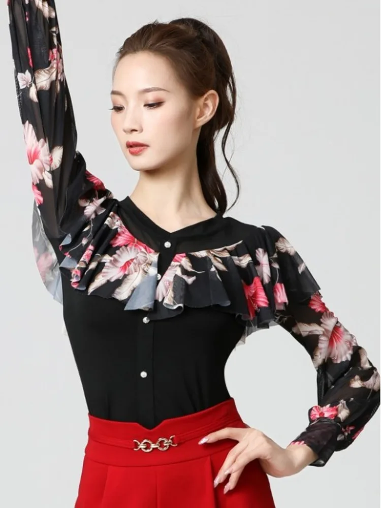 Elegant Ballroom Dance Graduation Tops Classical Practice Ruffle Ballet ...